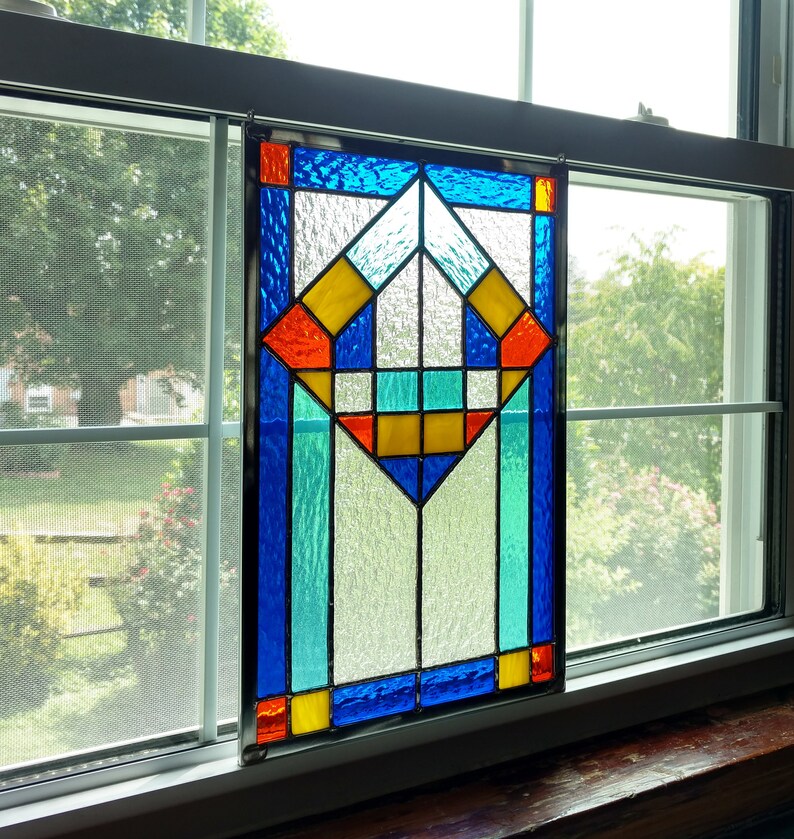 Geometric Stained Glass Panel Stained Glass Window Modern | Etsy
