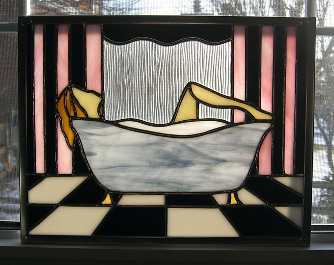 Art Deco Stained Glass Window Panel - Bathtub Woman - Bathroom Decor ...
