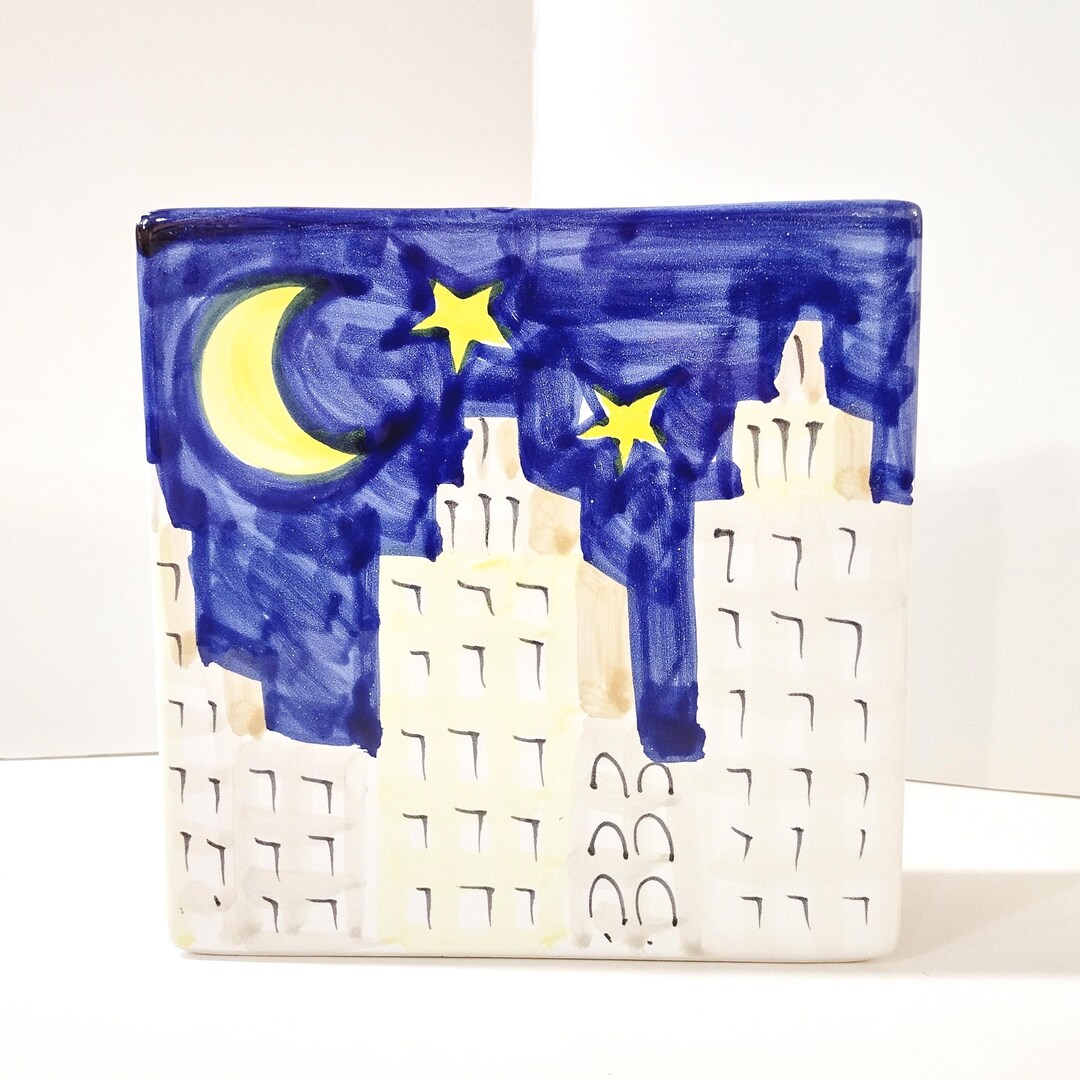 Vintage Italian Ceramic Windowsill Planter, Cityscape, Moon and Stars ...