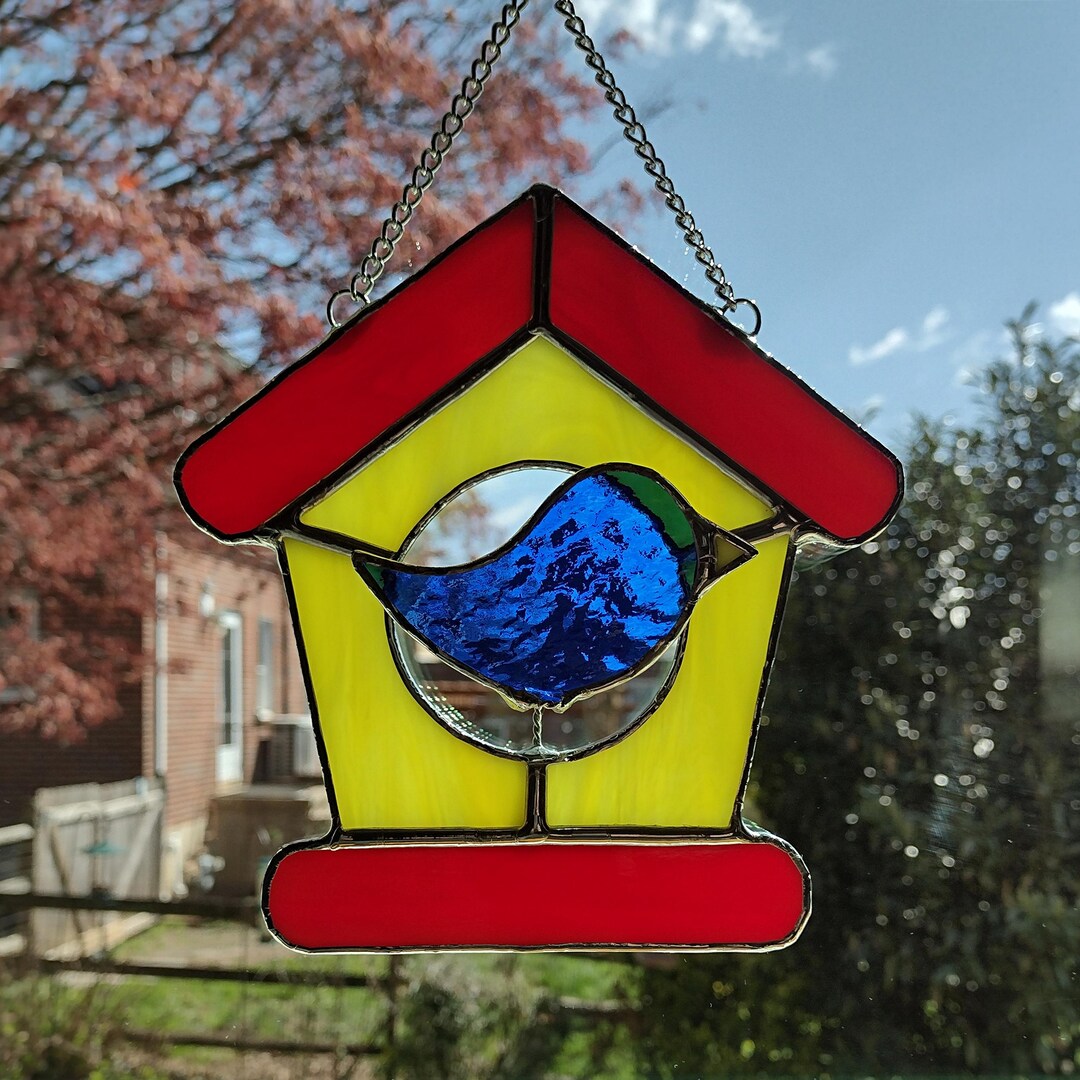 Stained Glass Bird House With Blue Bird Suncatcher, Mother's Day Gift ...