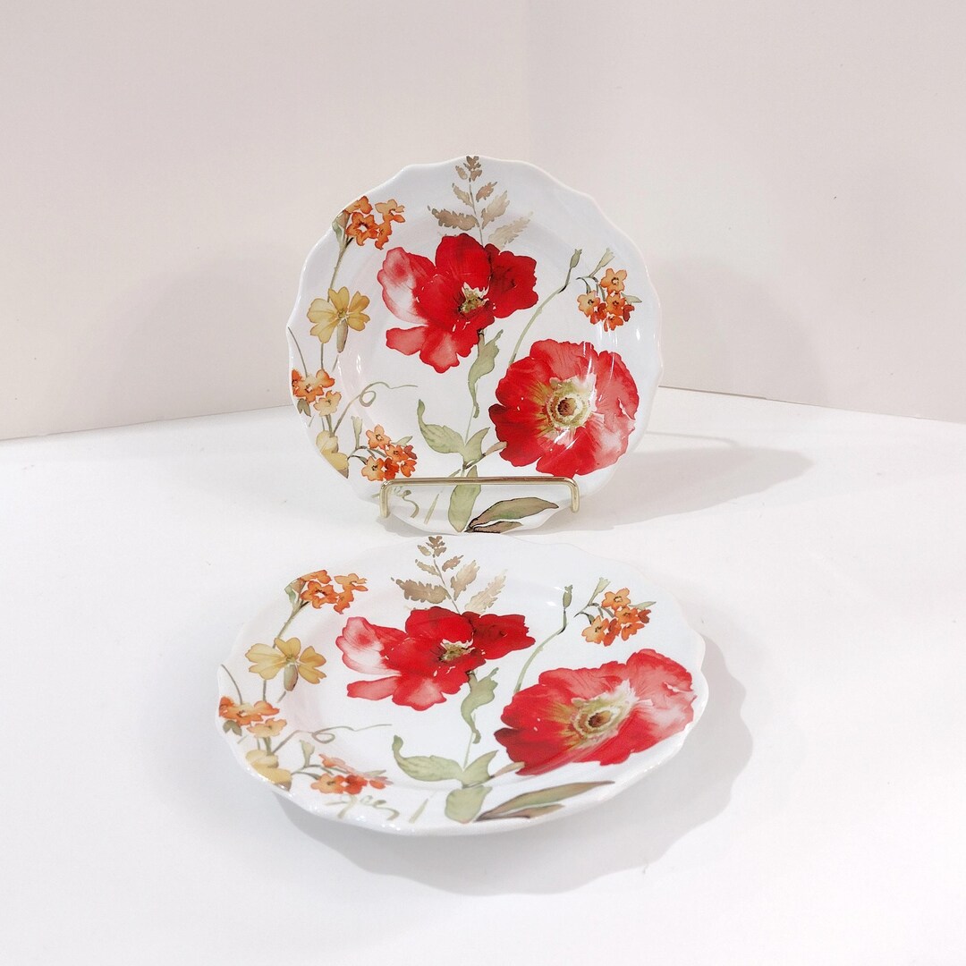 Vintage Red Poppy Appetizer Plates, Set of Two, Floral Decorative Small ...