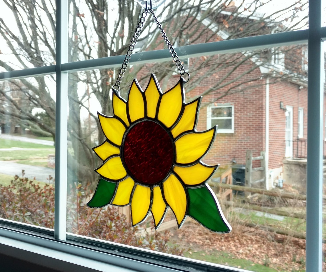 Stained Glass Sunflower Suncatcher Yellow Flower Garden Etsy