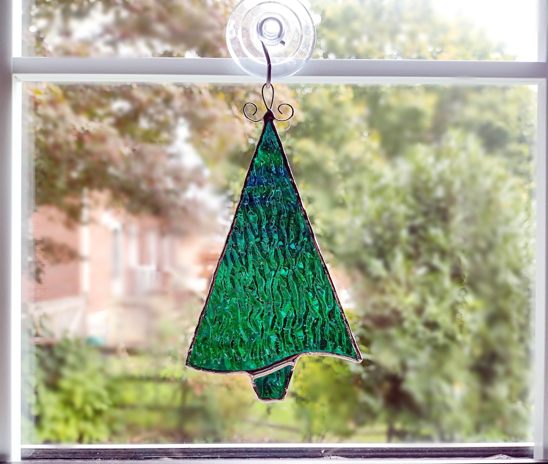 Stained Glass Christmas Tree Suncatcher, Green Iridescent Glass ...