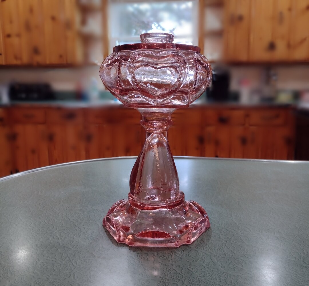 Antique Pink Glass Oil Lamp Base, Findlay Beaded Queen of Hearts Oil ...