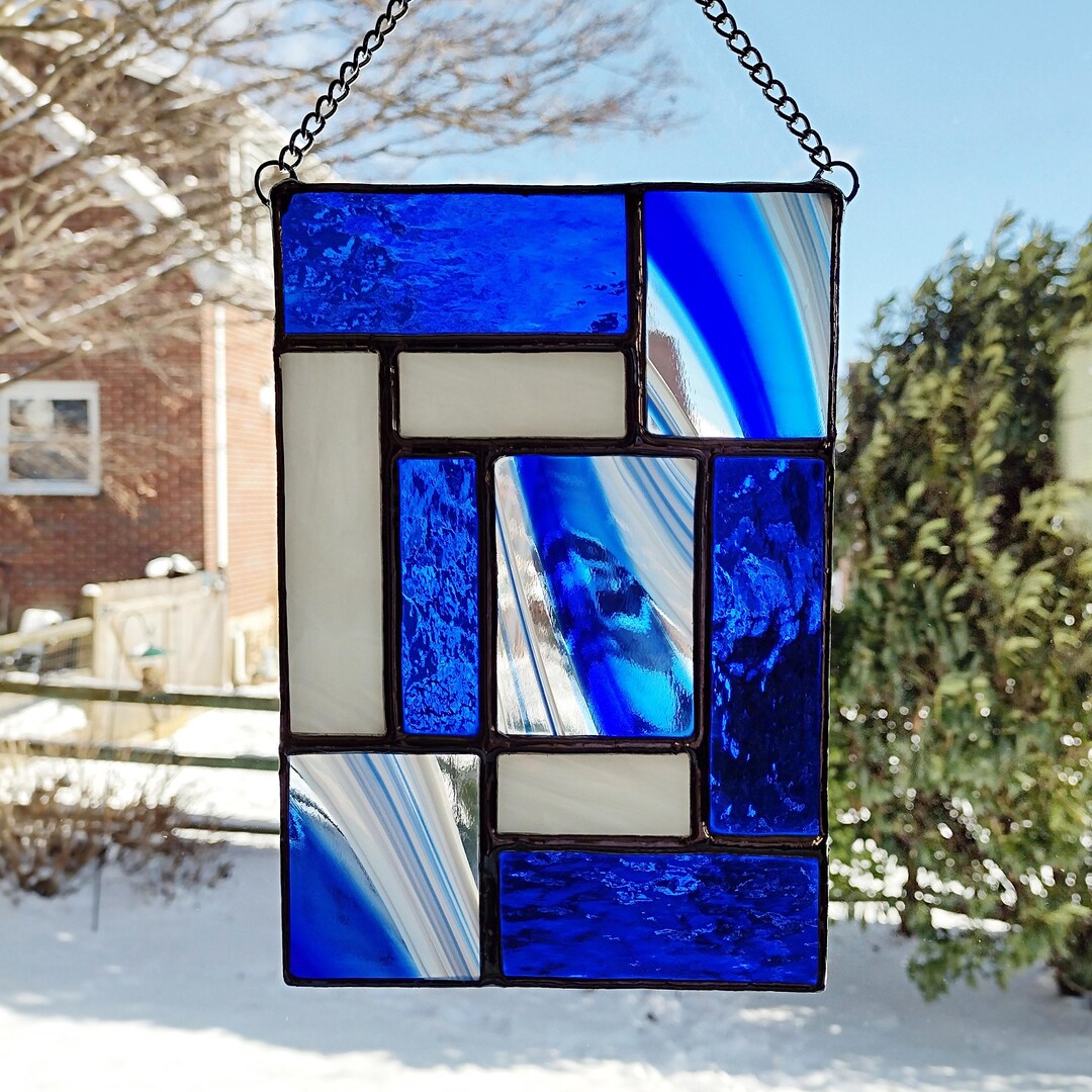 Blue and White Geometric Stained Glass Window Panel, Mondrian Stained ...