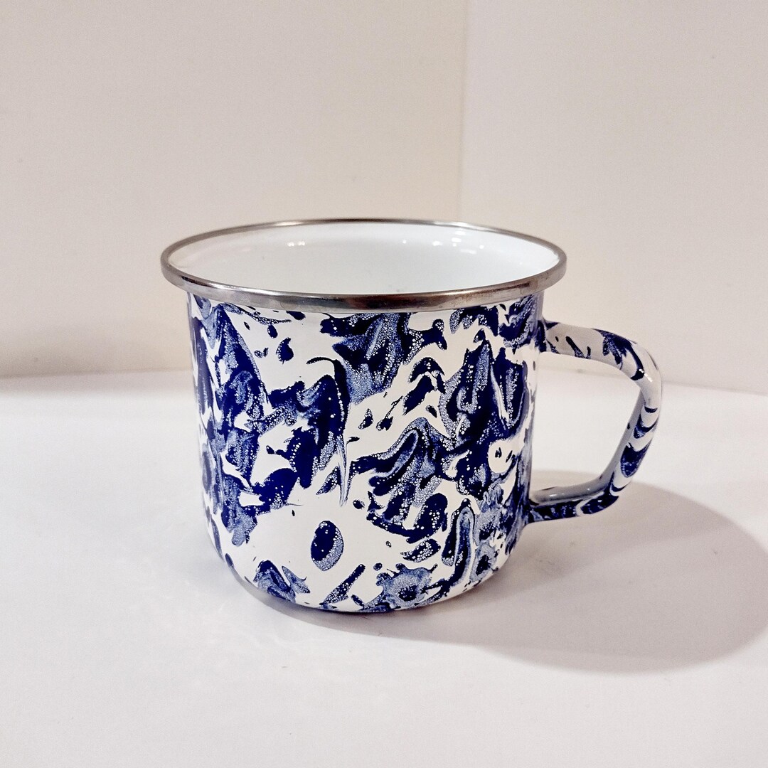 Vintage Blue and White Spatterware Enamel Mug, Large Oversized Camping ...