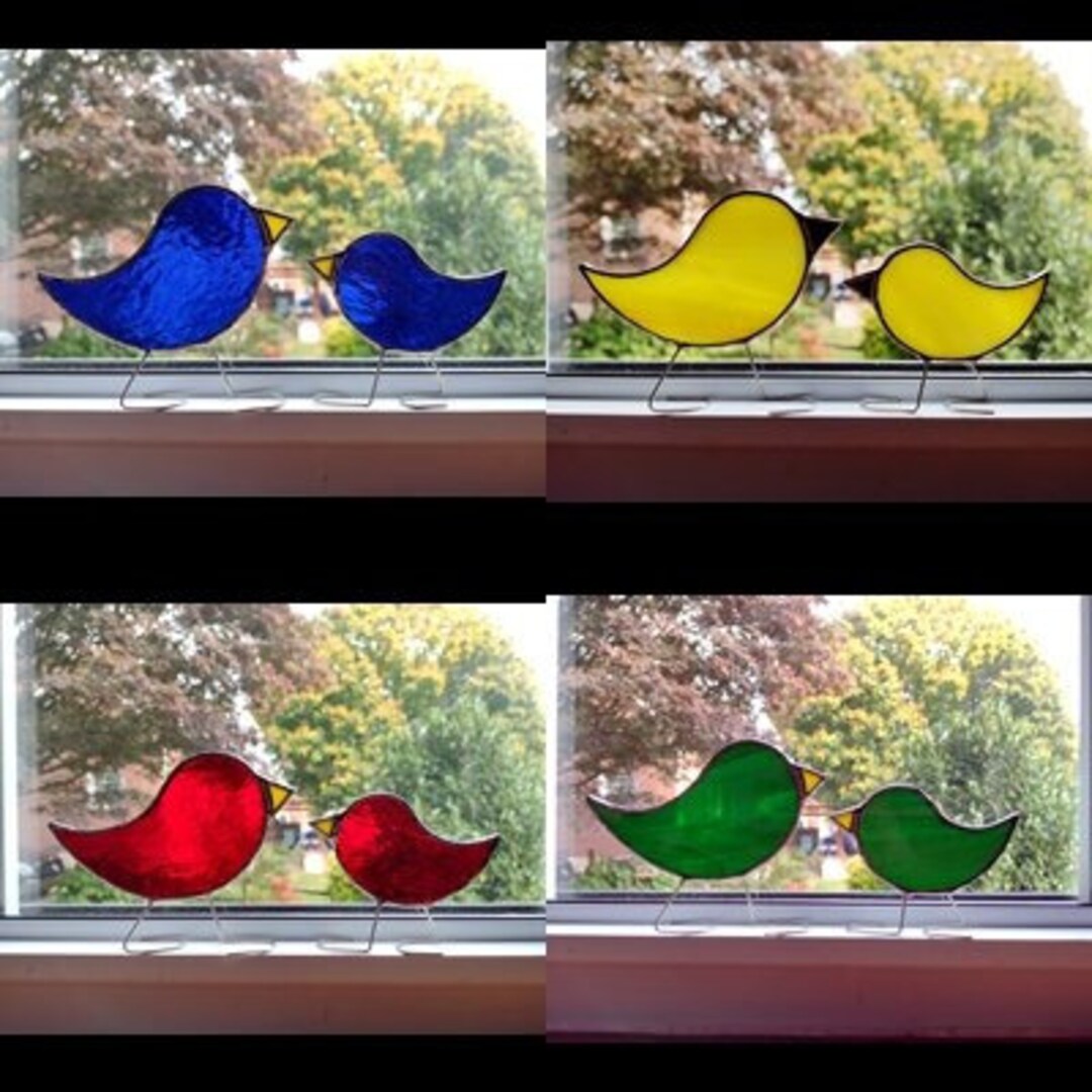 Momma and Baby Stained Glass Standing Bird Set, Blue Bird, Cardinal Red ...