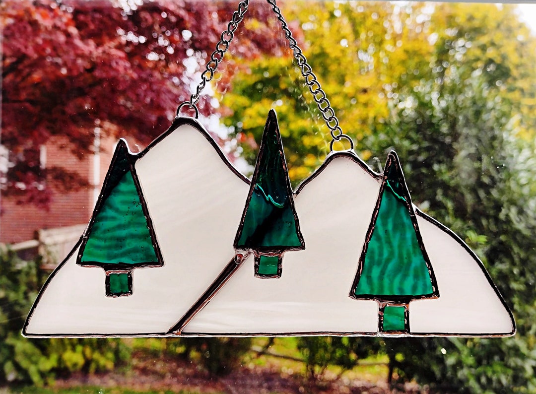 Snowy Mountain Pine Tree Stained Glass Suncatcher - Etsy