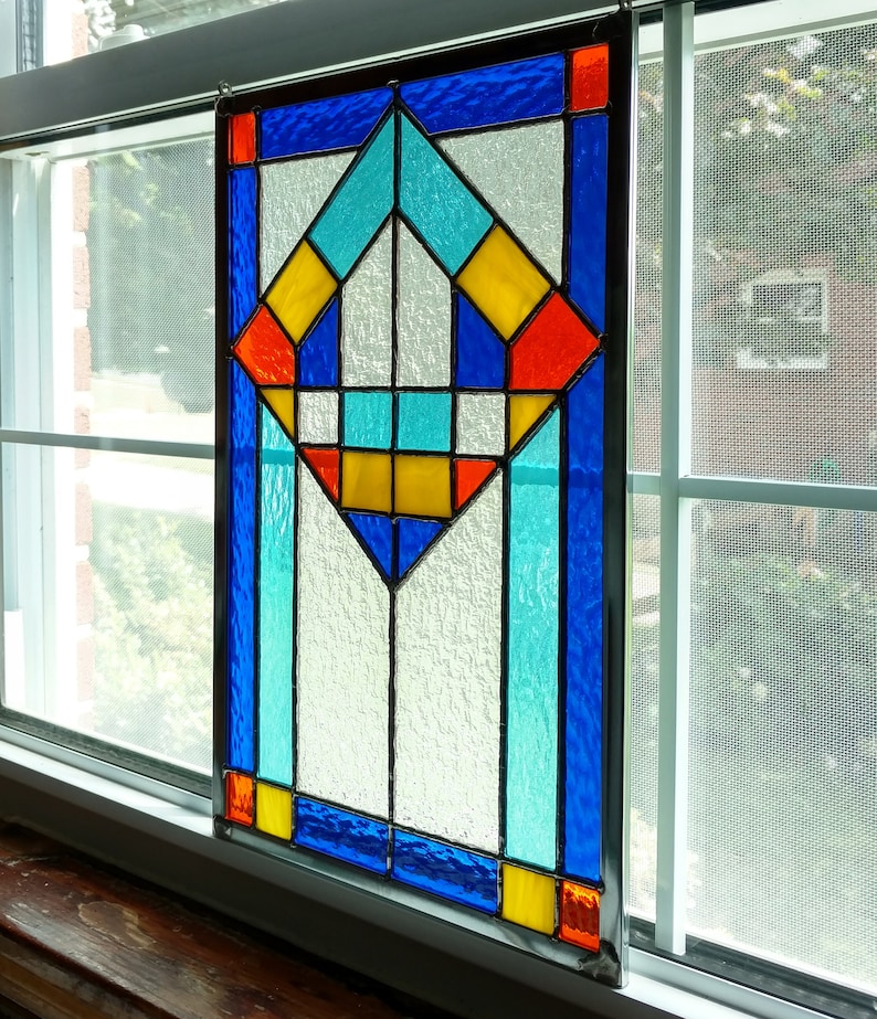 Geometric Stained Glass Panel Stained Glass Window Modern | Etsy