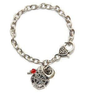 Firefighter Fireman Wife Girlfriend Mom Silver Charm Bracelet W/ Three ...