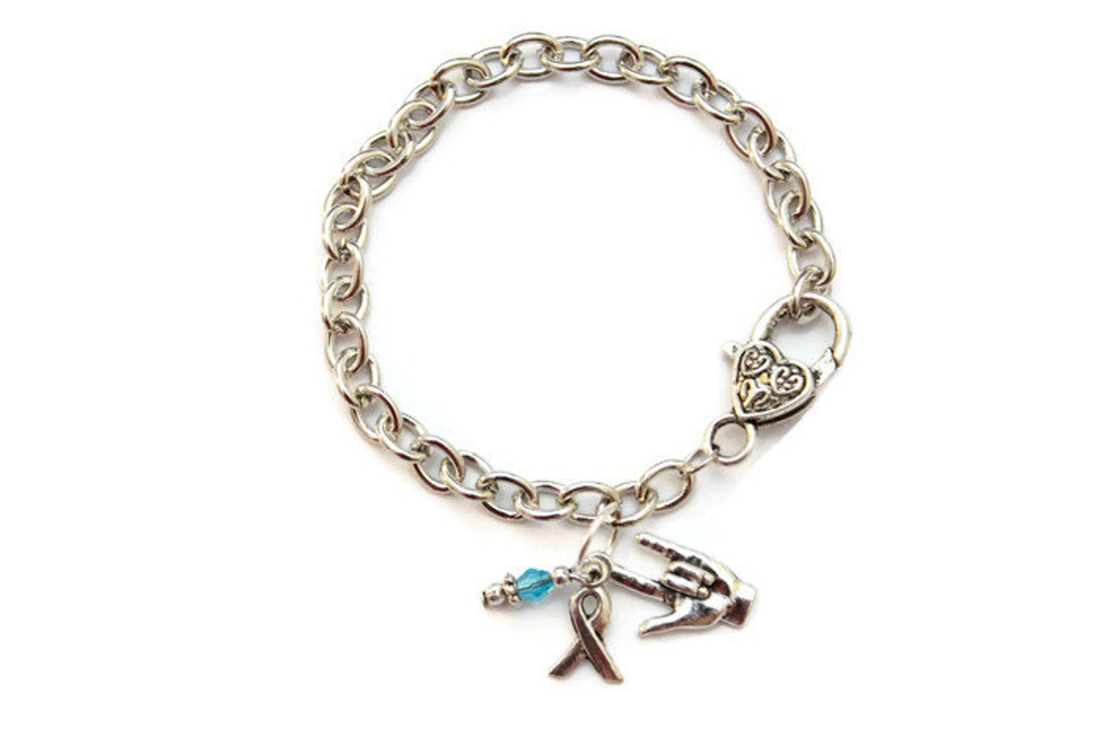 ASL Deaf Love Sign Silver Charm Bracelet With Coordinating Glass Bead ...