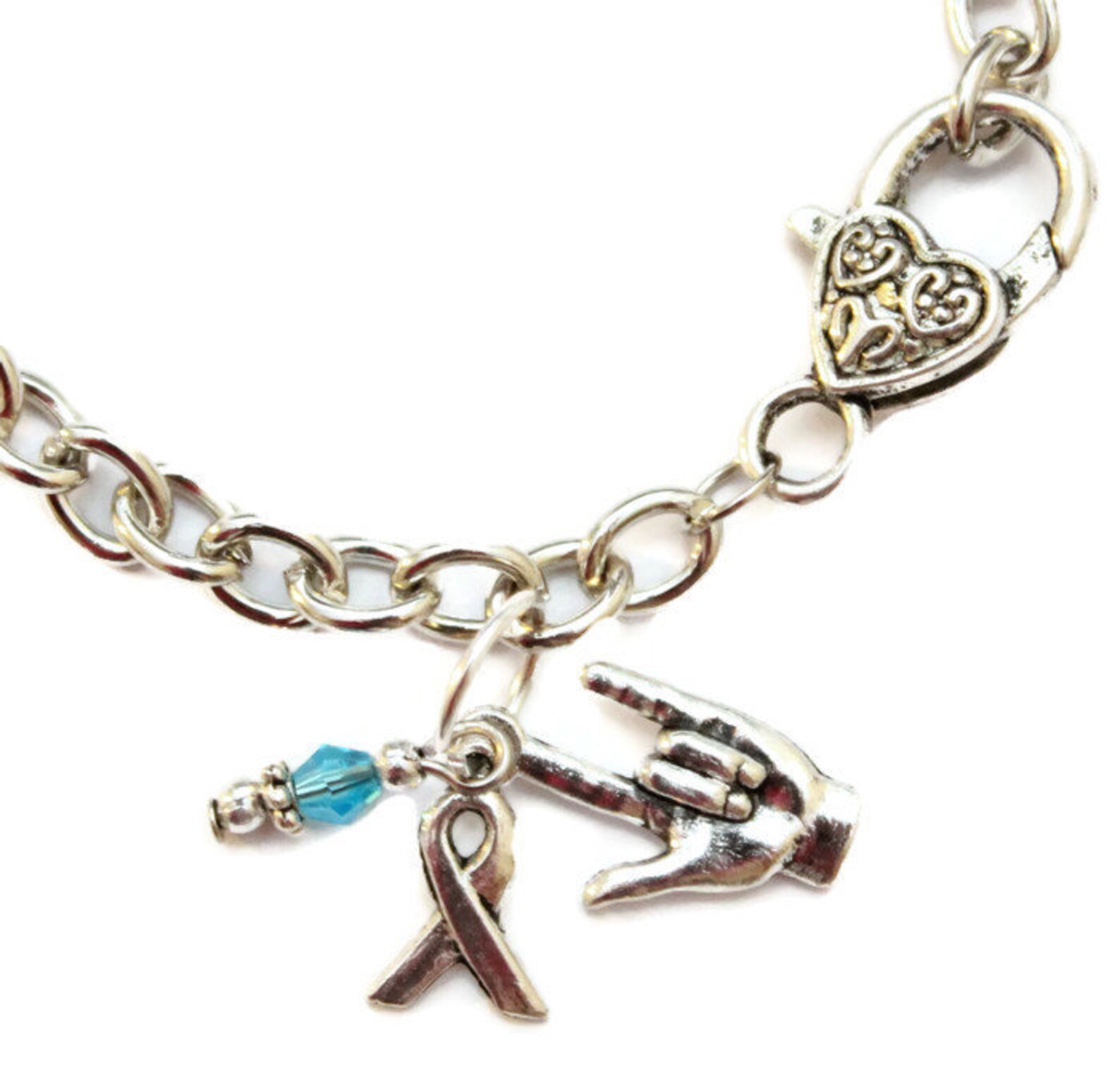 ASL Deaf Love Sign Silver Charm Bracelet With Coordinating Glass Bead ...