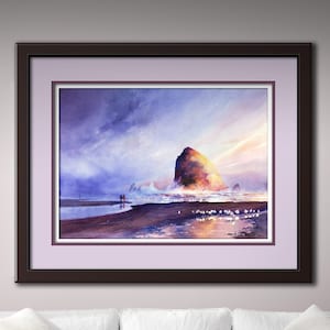 Sunset on Cannon Beach, Oregon Coast Watercolor Art PRINT. Haystack ...