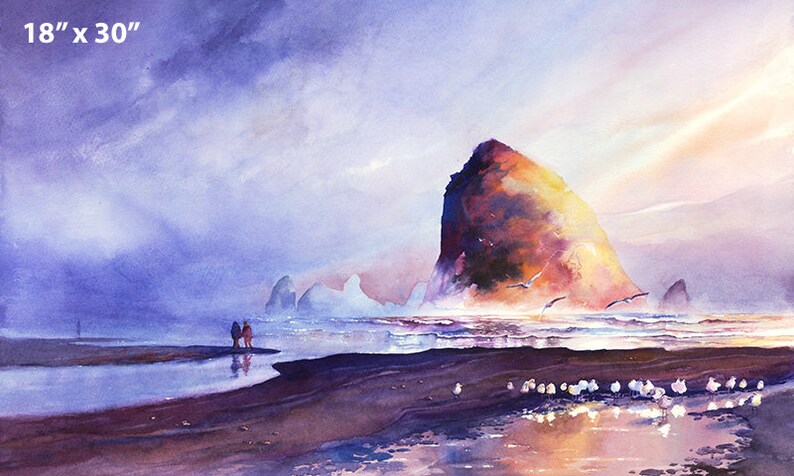Sunset on Cannon Beach Oregon Coast Watercolor Art PRINT. - Etsy