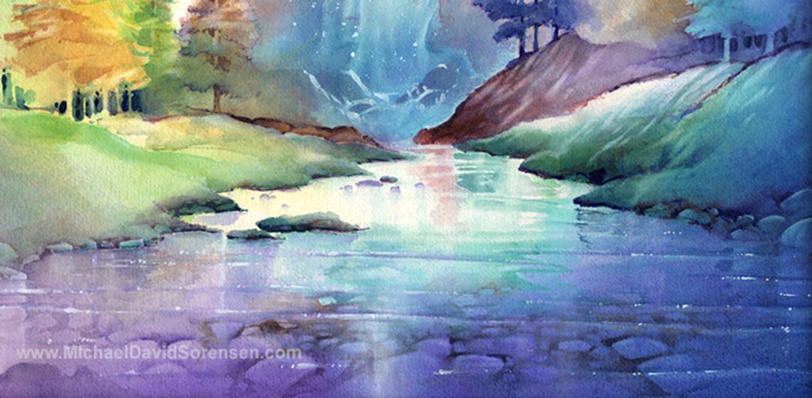 Hidden Falls - Watercolor PRINT. Whimsical Waterfall Landscape Painting ...