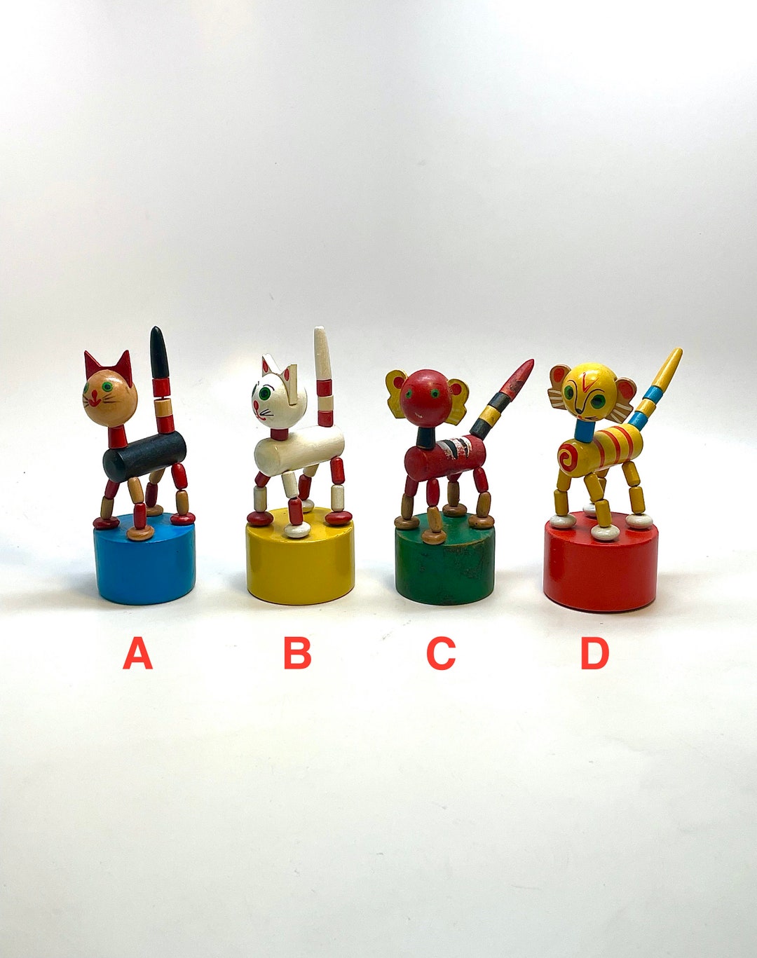 Vintage Push Puppets, Cats, Wooden, Toy, Collapsable, Retro Toys, Italy ...