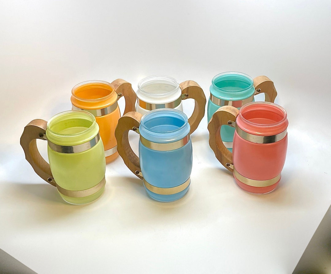 Vintage Siesta Ware Frosted Glass Barrel Mugs, Metal Band, Wood Handles ...