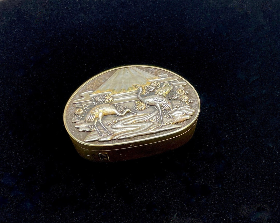 Antique Meiji Japanese Snuff Box, Repoussé, Stork, Crane, Bird Design ...