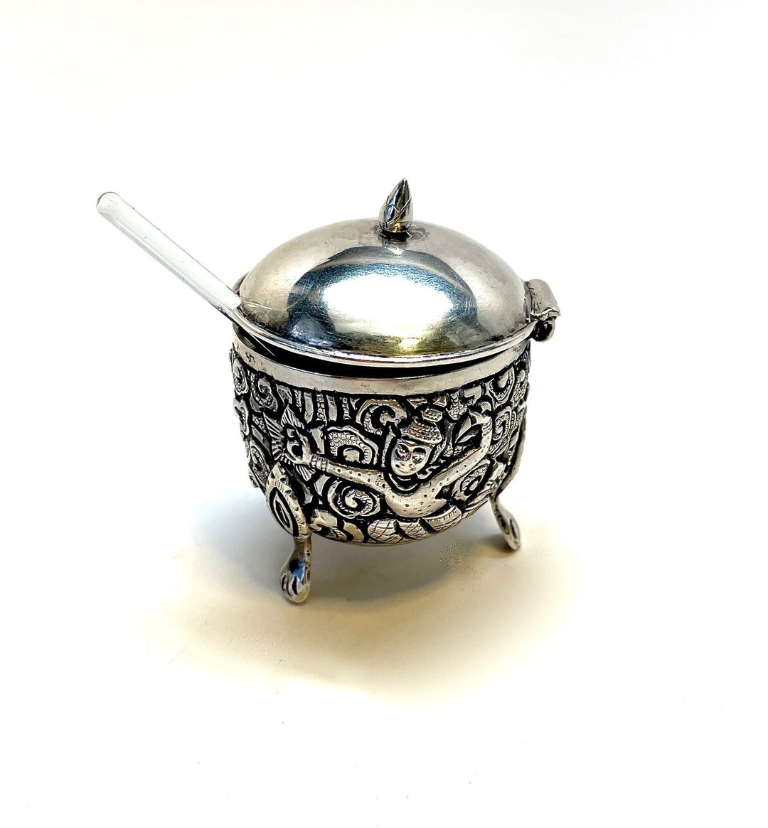 Vintage Burmese Myanmar Thai Silver Spice or Mustard Pot, Ramayana ...