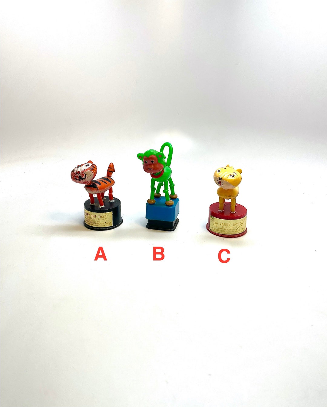 Vintage Push Puppets, Terry the Tiger, Candy the Cat, Monkey, Plastic ...