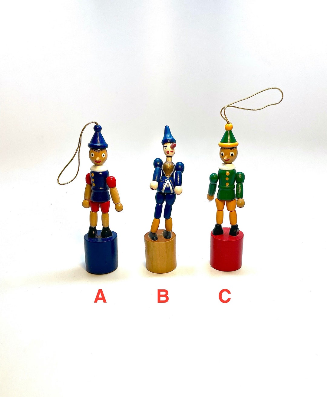 Vintage Push Puppets, Pinocchio, Wooden, Toy, Ornaments, Collapsable ...