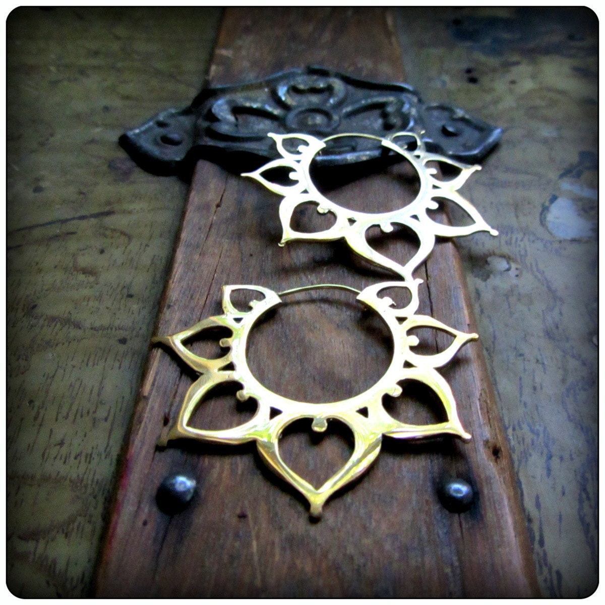 Lotus Hoop Earrings Gold Brass ~ Fake Gauge Tribal Style ~ Belly Dance ...