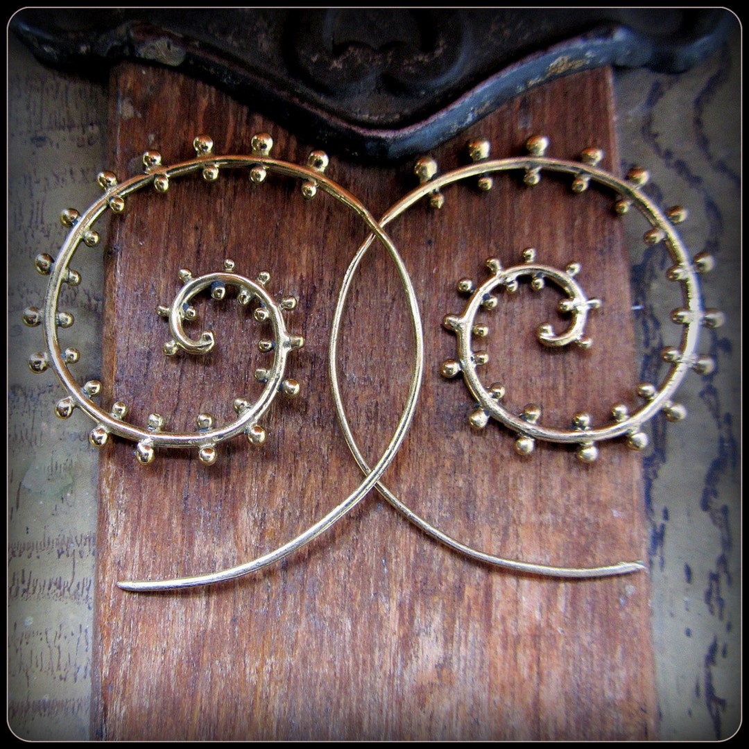 Spiral Earrings Fake Gauges Belly Dance Festival Style Gold Brass Boho ...