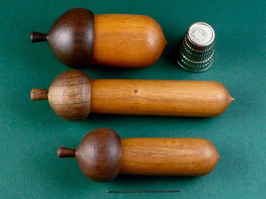 Acorn Needle Cases Long and Short + Acorn Thimble Case Set. Walnut Lid ...