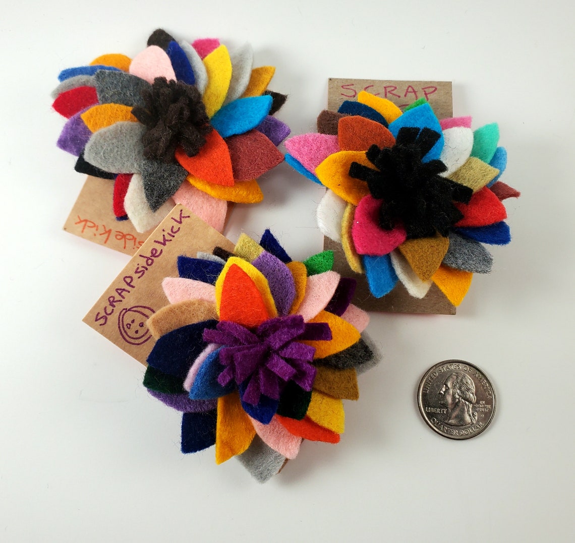 Felt Flower Pins Handmade Scrap Felt Flowers 1 Count OR 3 Set, Rainbow ...