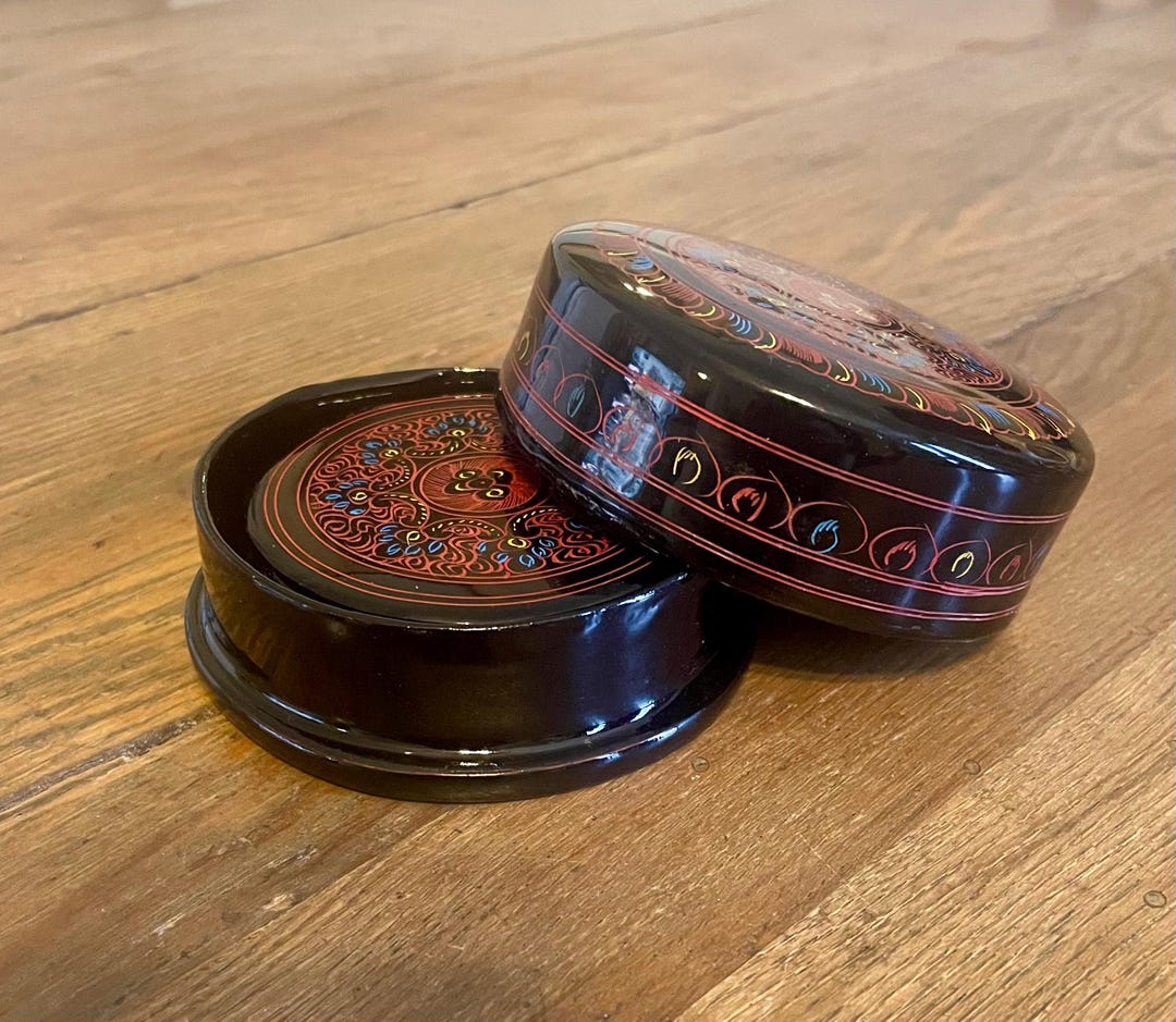 Boxed Set of 6 Burmese Black Lacquerware Coasters Bohemian Boho Barware ...