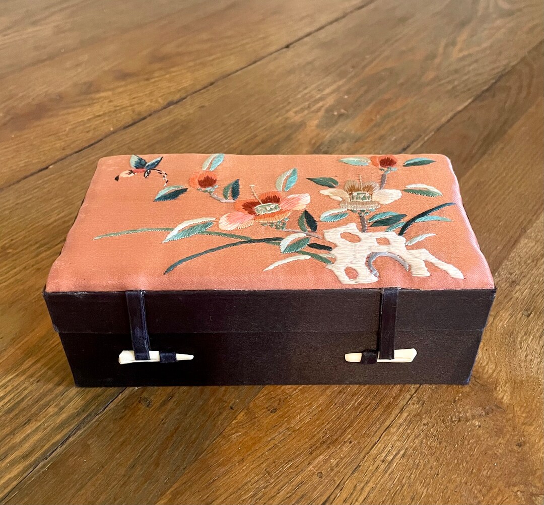 Chinese Silk Embroidered Jewelry Box Padded With Hinged Lid and Bone ...