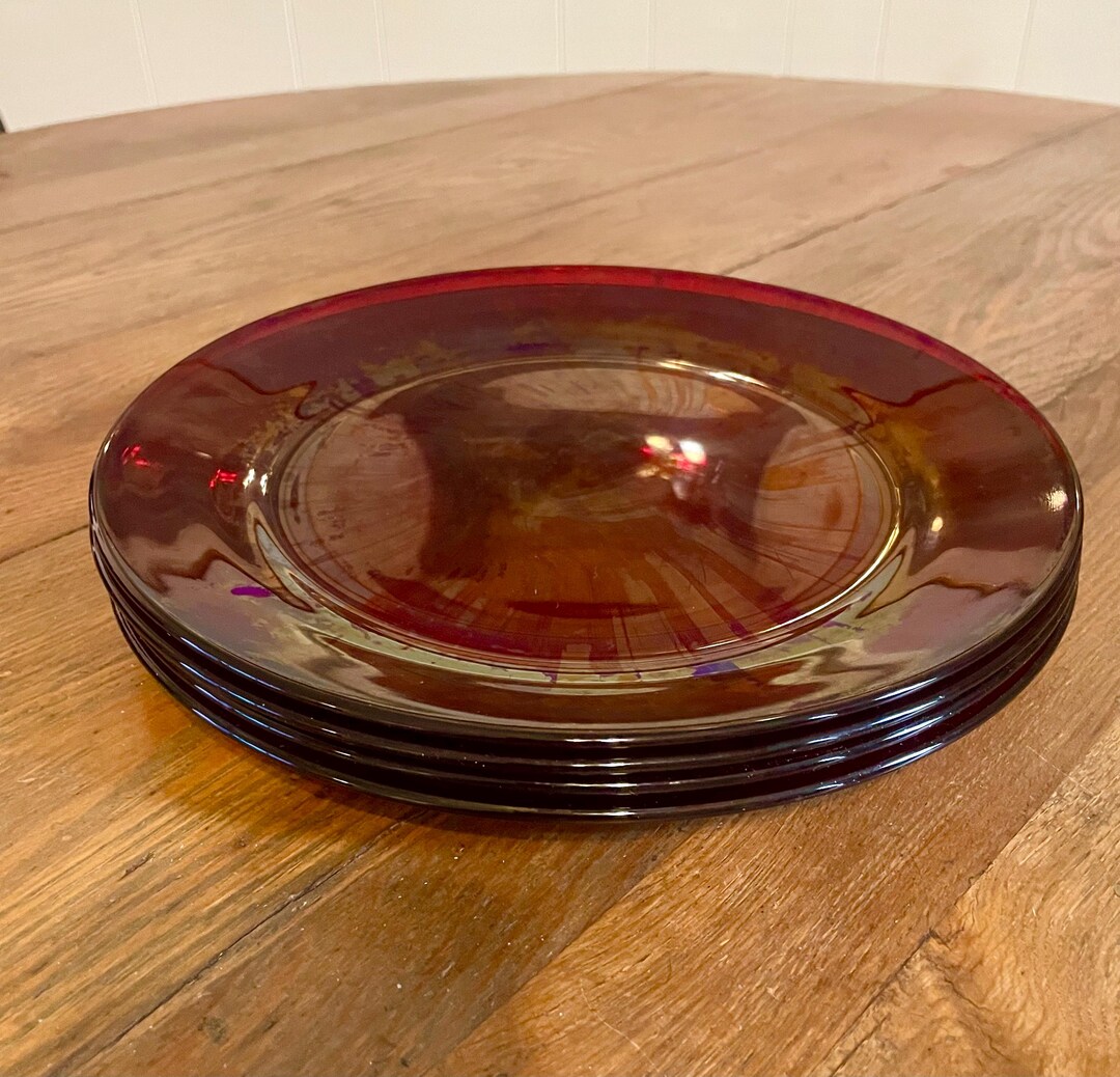 Set of 4 Ruby Red Glass 10 Dinner Plates Iridized Surface Country ...