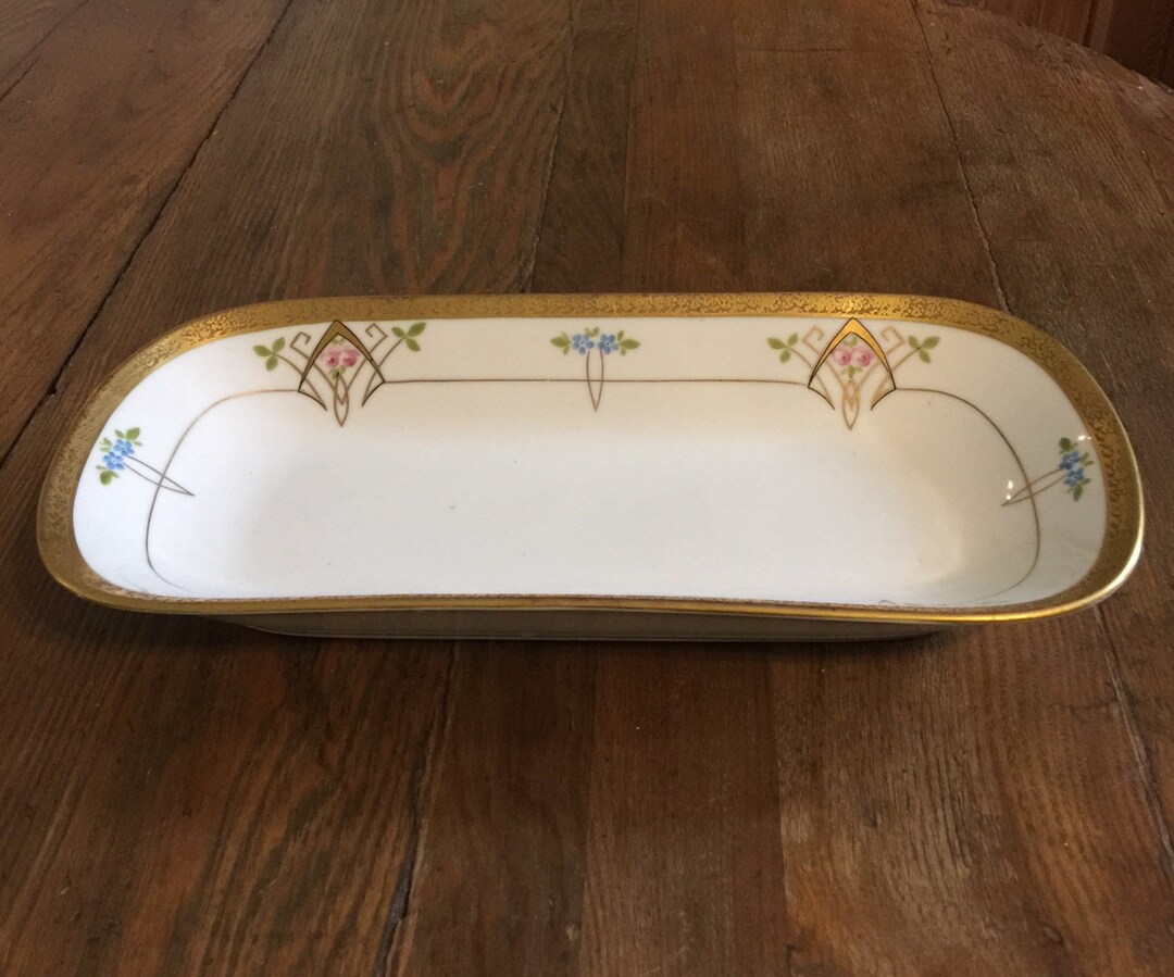 Antique WA Pickard China Long Serving Bowl Hand Painted Design 24K Gold ...