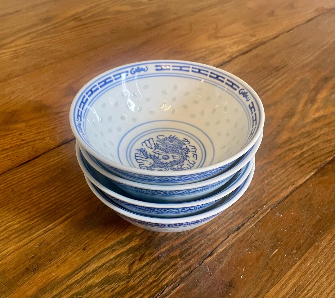 Set of 4 Blue and White Rice Grain Porcelain Soup Bowls Chinese ...