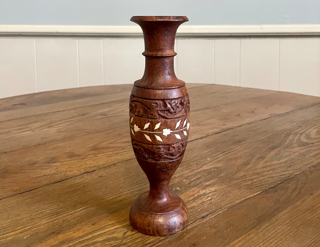 Carved Wooden Vase With Bone Inlay Made in India Bohemian Boho Hippie ...
