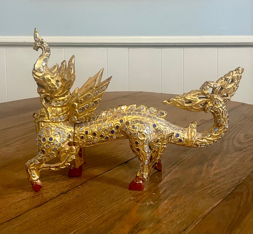 Hand Carved Wooden Qilin Kirin Golden Winged Chimera Lucky Dragon ...