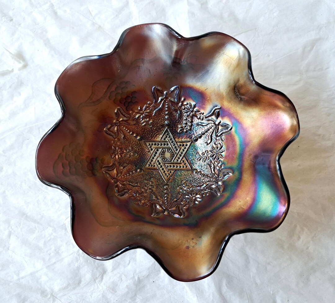 Northwood Antique "star of David & Bows" Amethyst Carnival Glass Footed ...