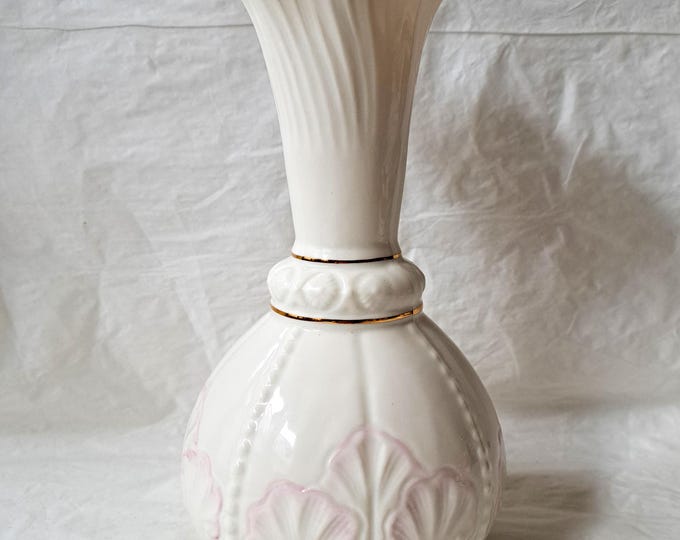 9" Belleek ROSSMORE Vase, Pink & Gold Trim, Porcelain, Annual Retired ...