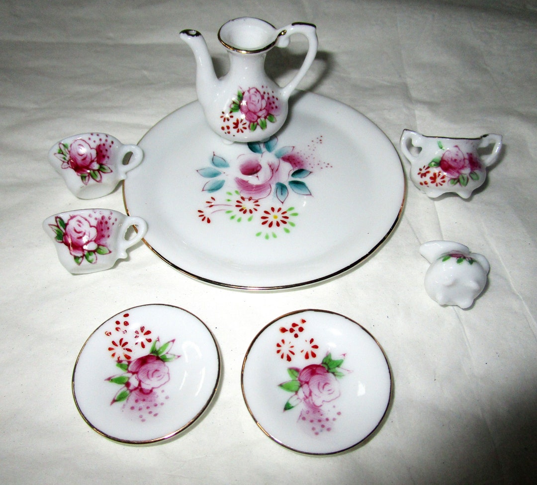 Japan Porcelain Miniature Tea Set, Pink Roses, Gold Trim, in Box (c ...