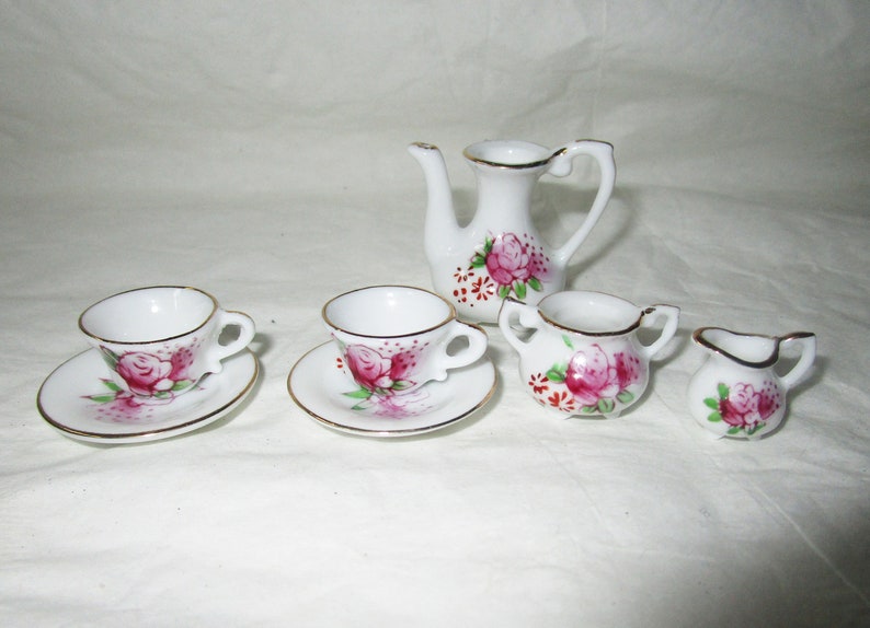 Japan Porcelain Miniature Tea Set, Pink Roses, Gold Trim, in Box (c ...