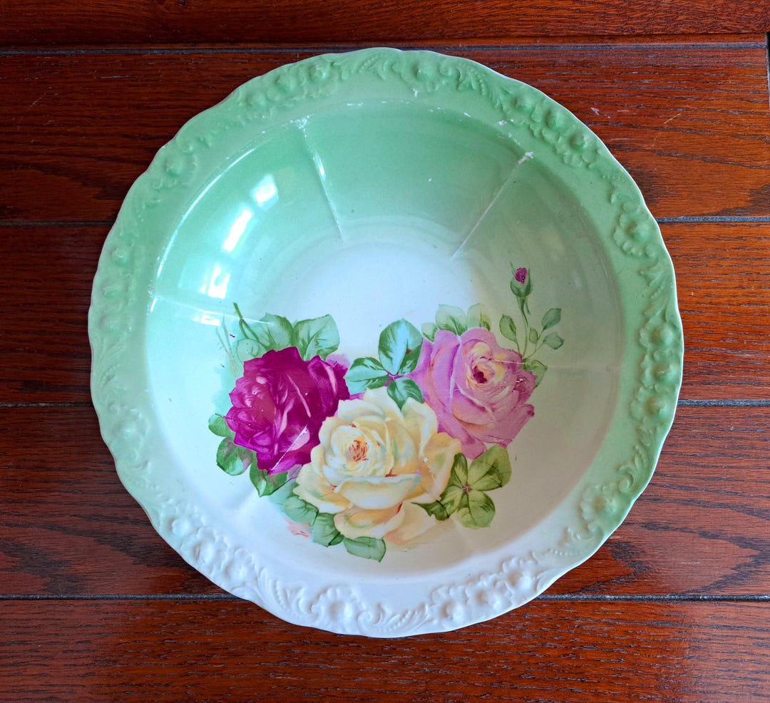 Antique Sevres China Company Ohio 10" Green Bowl, Pink Yellow Red Roses ...