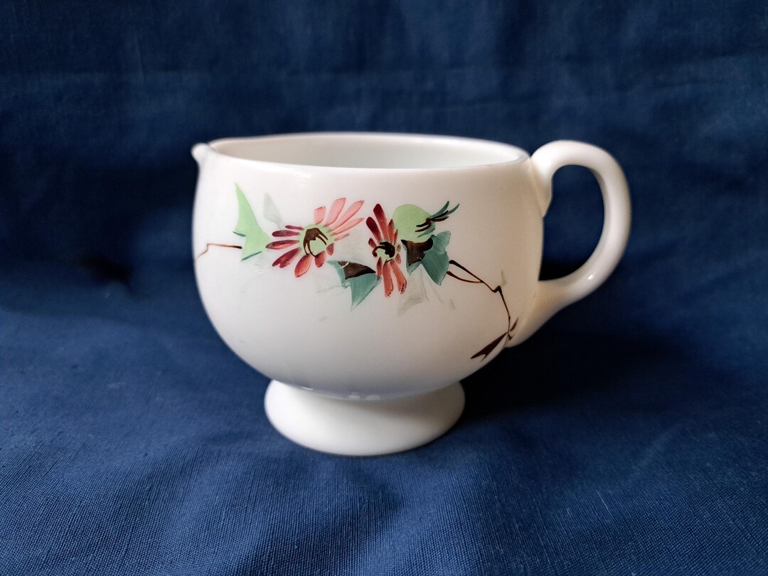 Round Ball-shaped Milk Glass Creamer Jug, 3.5", Hand Painted Flowers ...