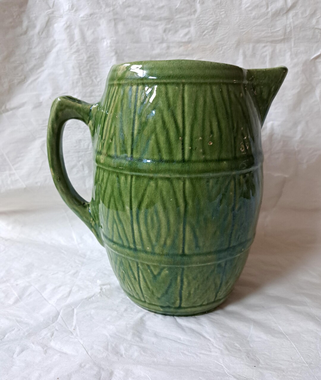 Antique Nelson Mccoy Pottery 8" Green Barrel Tankard Pitcher Shield ...