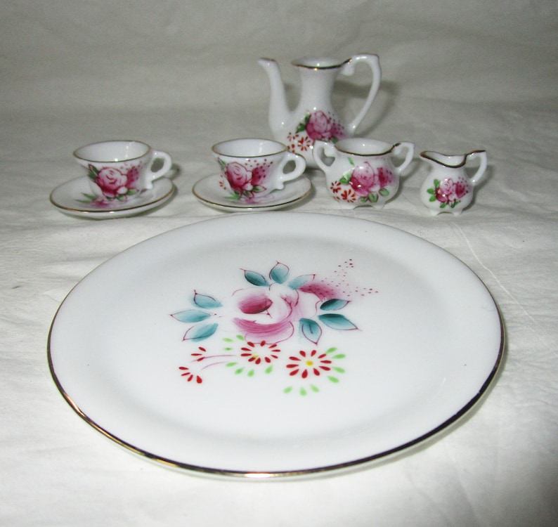 Japan Porcelain Miniature Tea Set, Pink Roses, Gold Trim, in Box (c ...