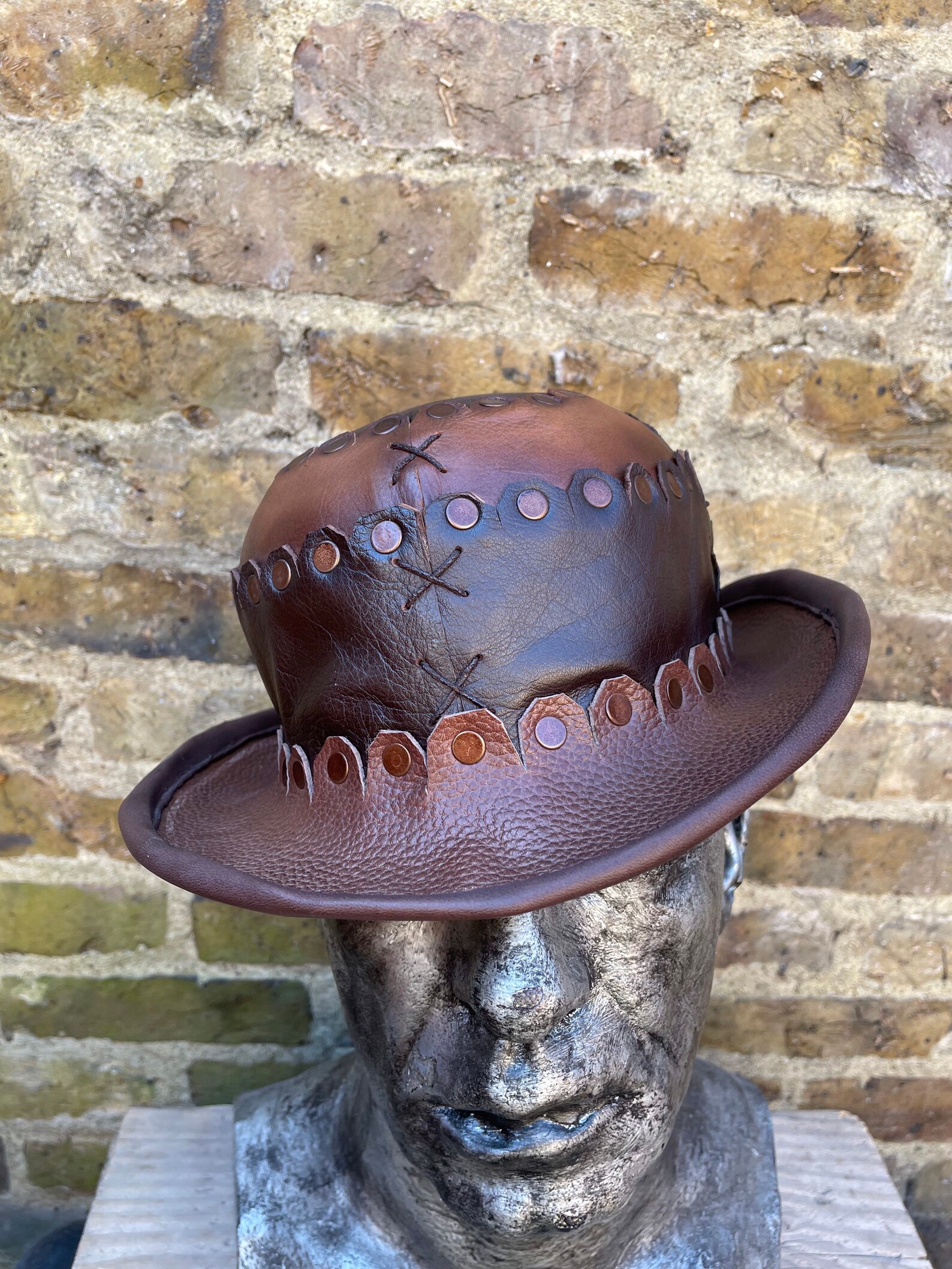 Steampunk LARP Real Leather Riveted Bowler Hat - Etsy
