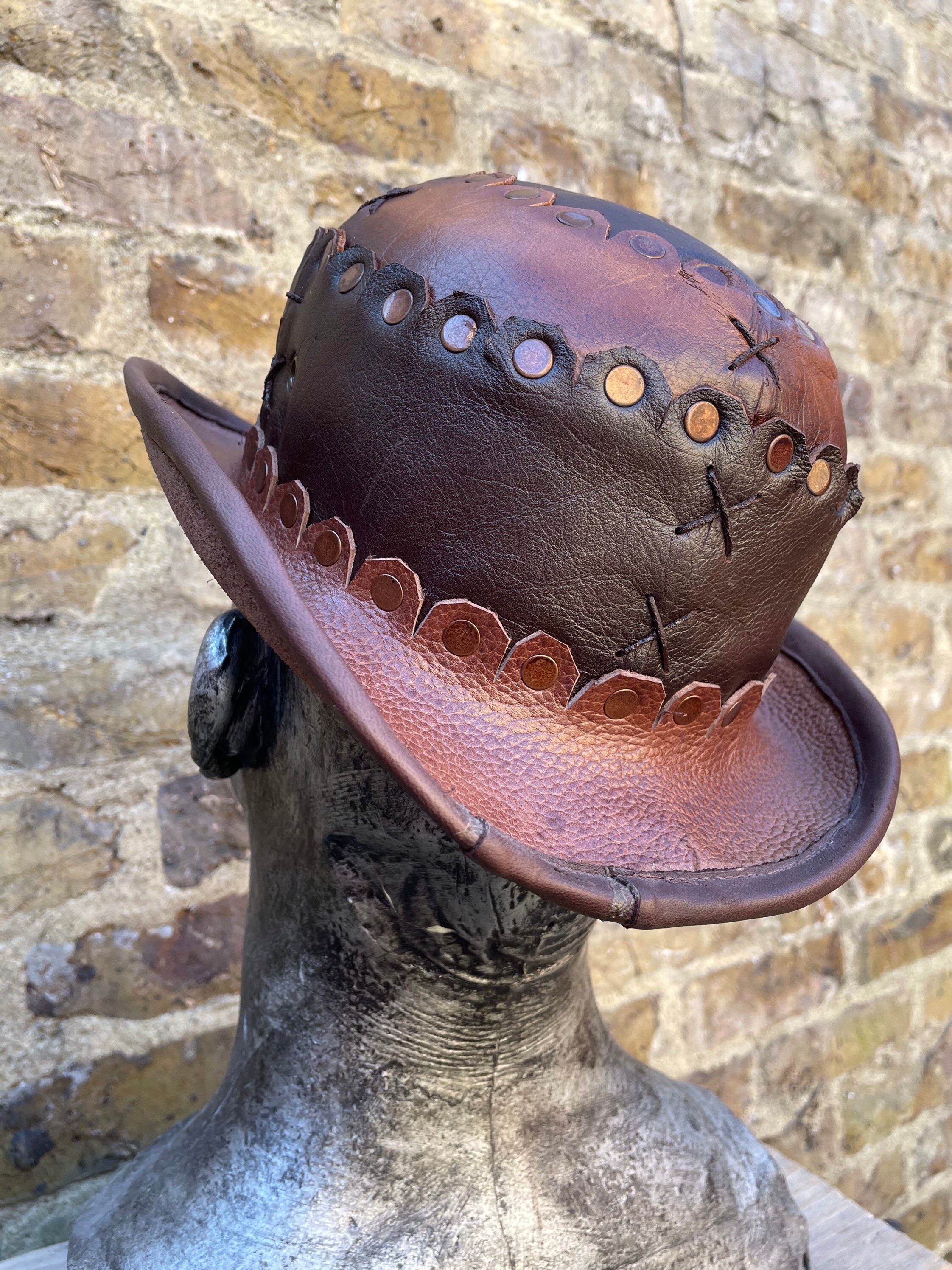 Steampunk LARP Real Leather Riveted Bowler Hat - Etsy