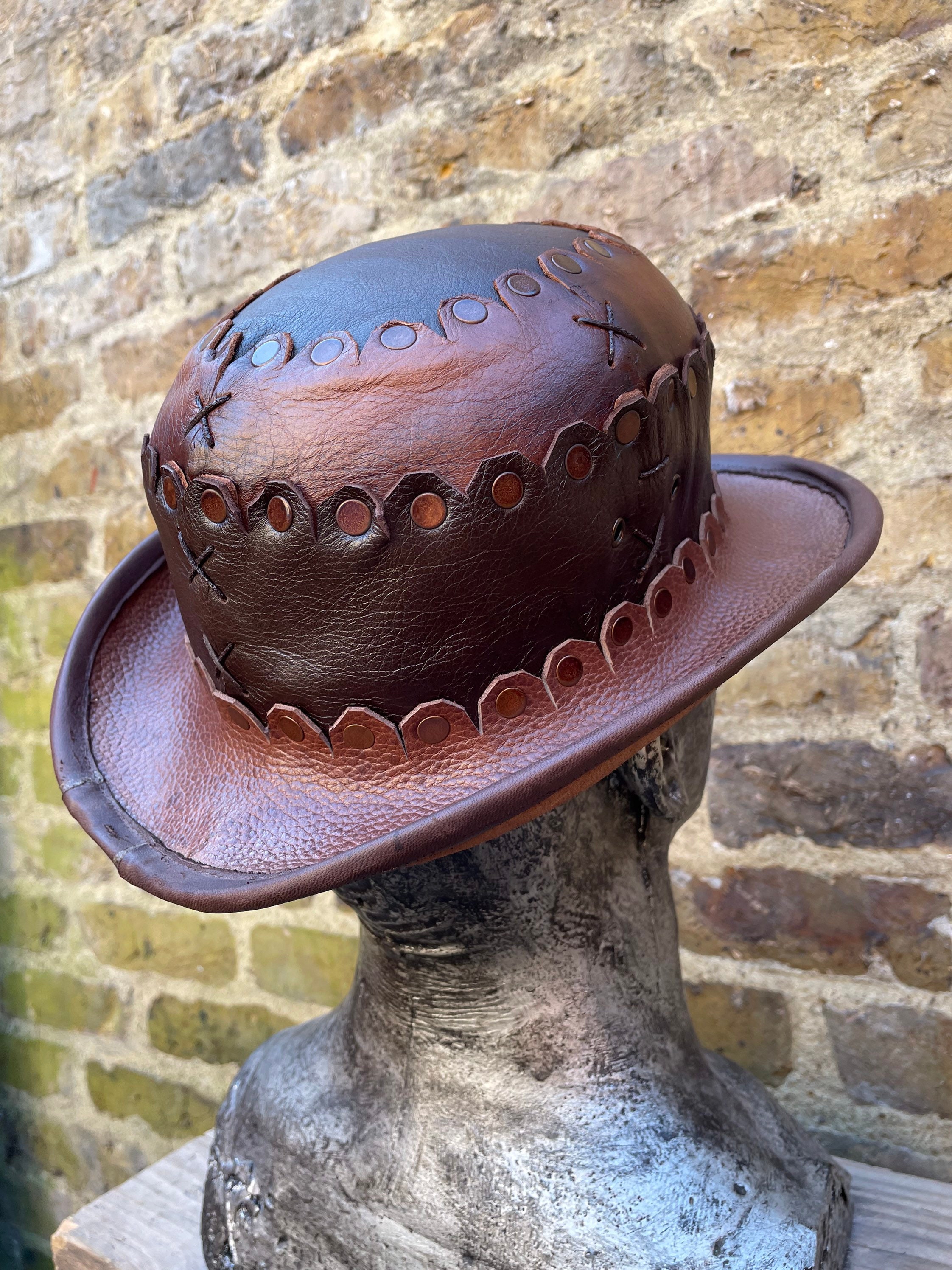 Steampunk LARP Real Leather Riveted Bowler Hat - Etsy