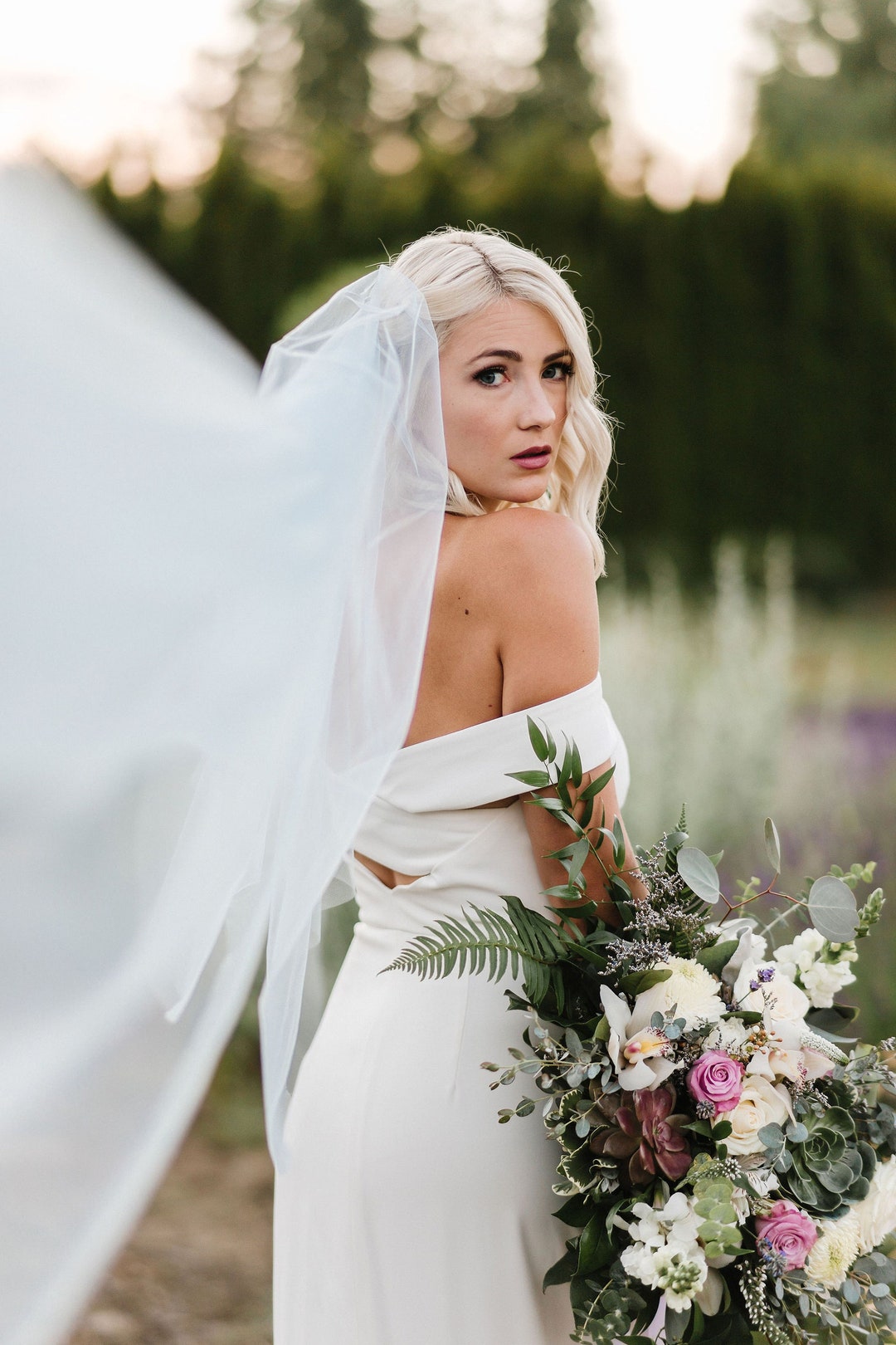 BLUE Single Tier Tulle Veil SIMPLE Veil Modern Minimalist Veil Light ...