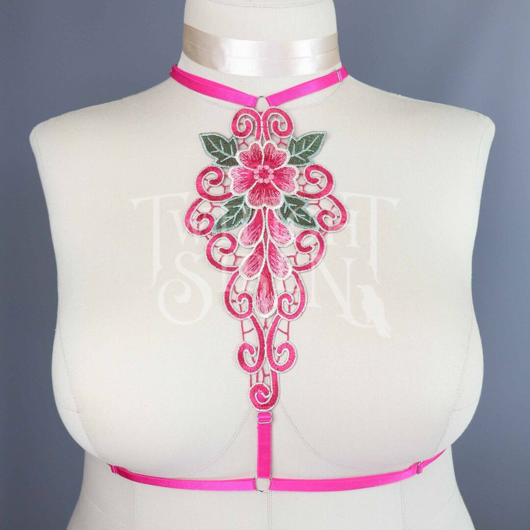MEDIUM & LARGE UK 12-26 ~ Lace Body Harness / Pink Deysi Lace Harness ...