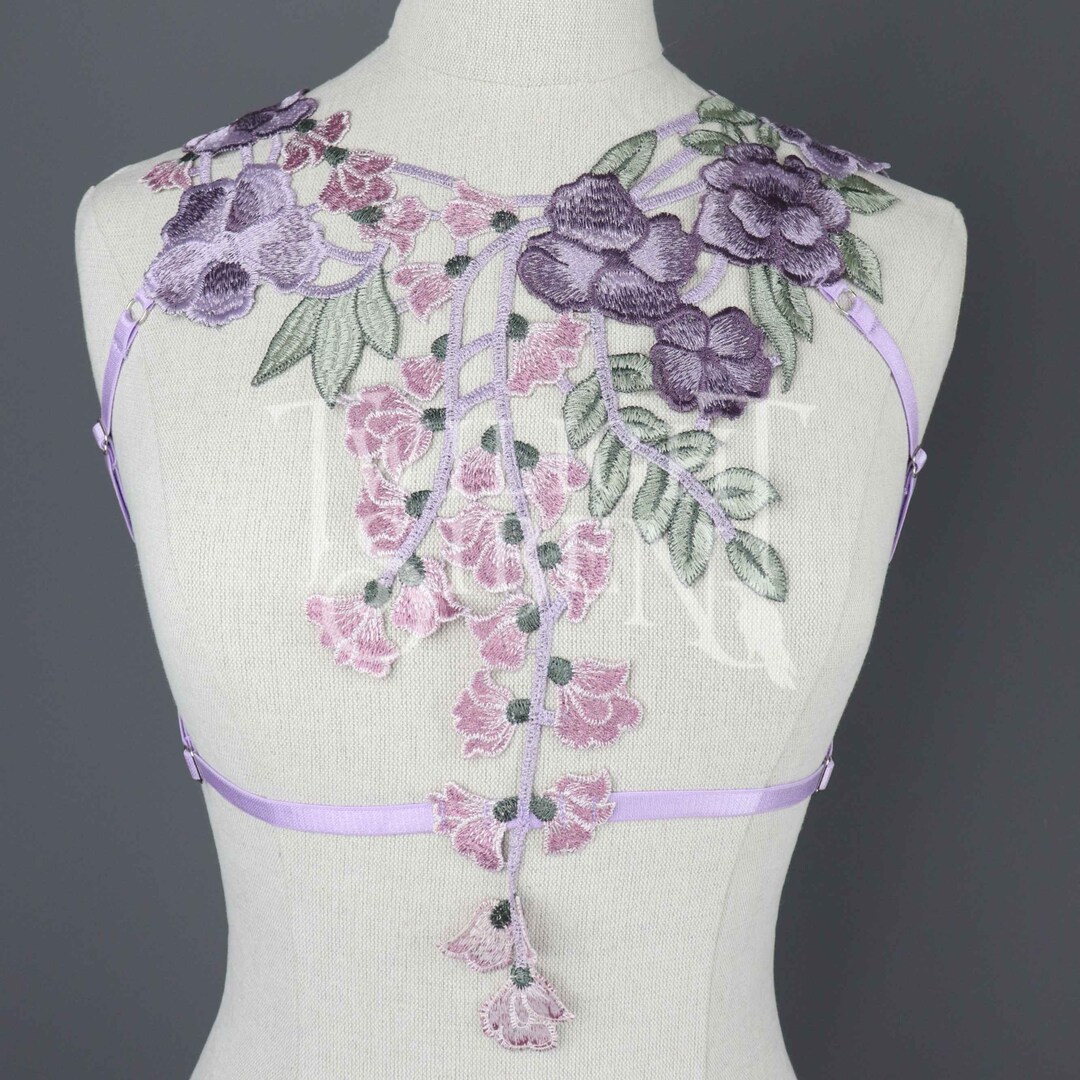 LACE Body Harness Lingerie / Floral Lilac Purple Lace Elastic Strap ...